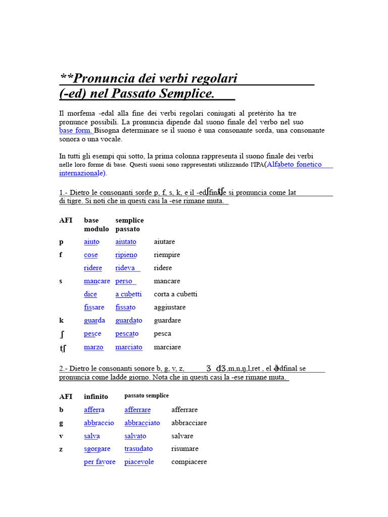 Pronuncia Dei Verbi Regolari Al Passato Semplice | PDF