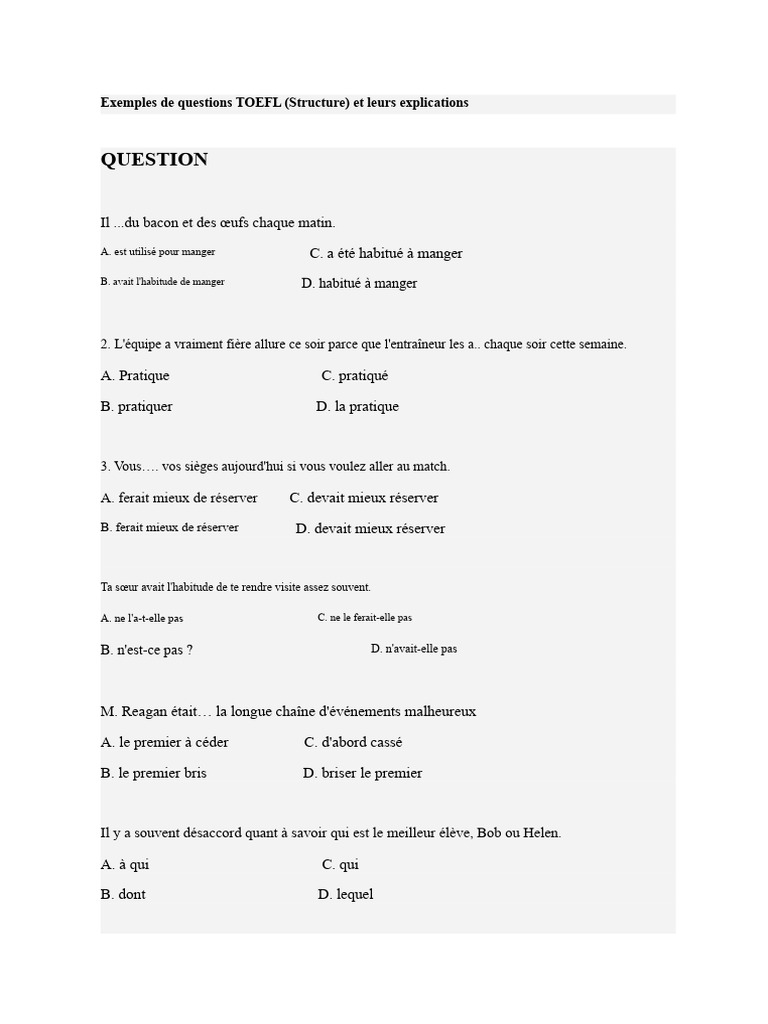 Exemples de questions TOEFL et réponses | PDF | Phrase | Sujet (Grammaire)