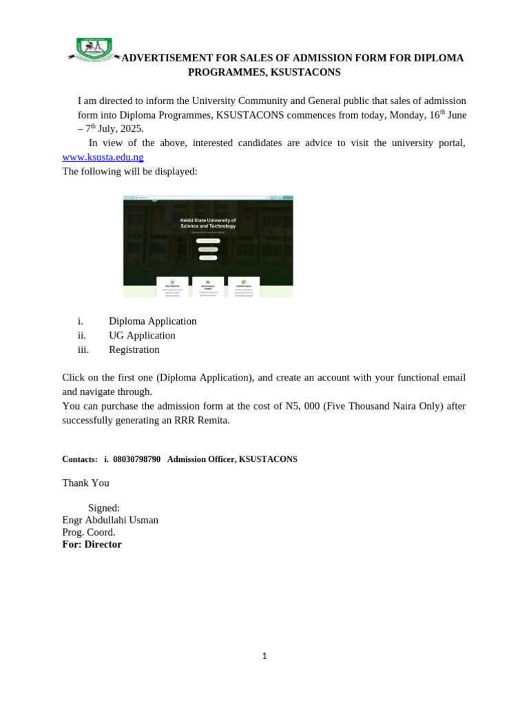 KSUSTACONS Diploma Admission Forms Sales | PDF