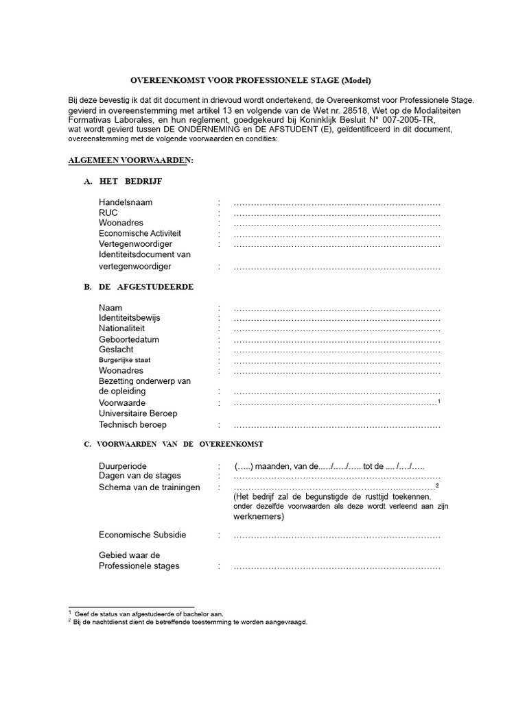 Model Van Overeenkomst Professionele Stage | PDF