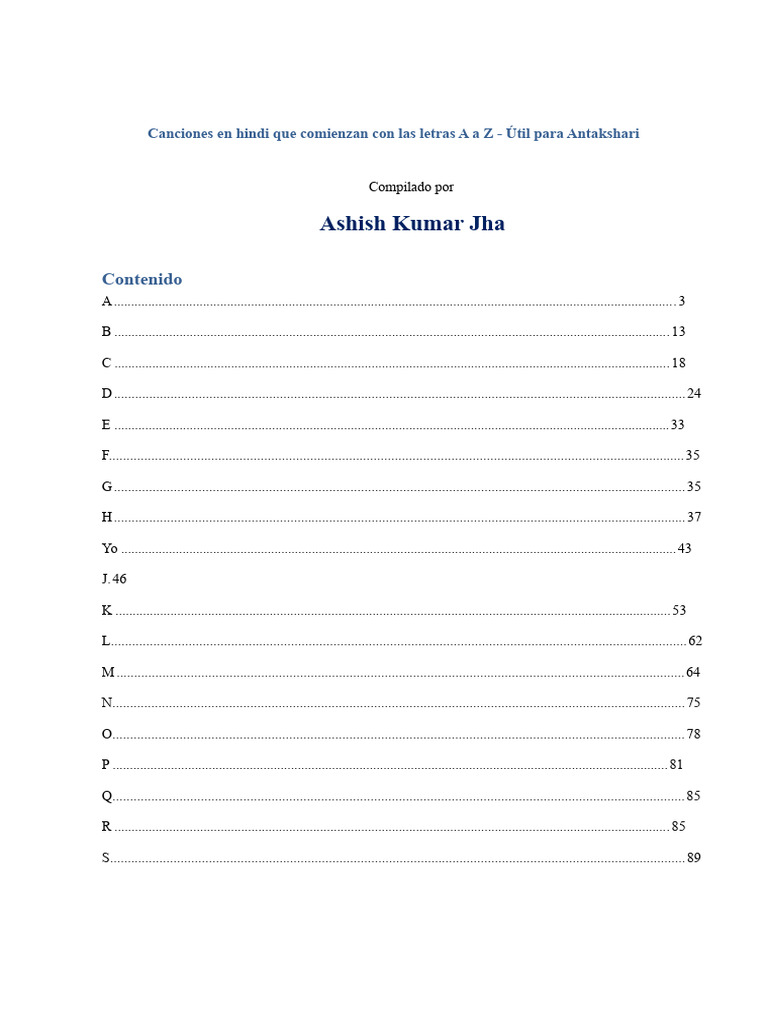 Canciones en Hindi para Antakshari A a Z Ashish Kumar Jha | PDF