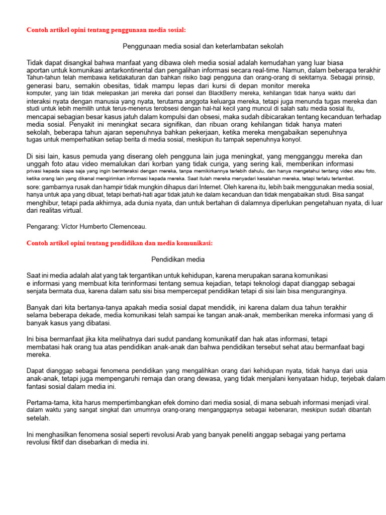 Contoh Artikel Opini Penggunaan Media Sosial | PDF