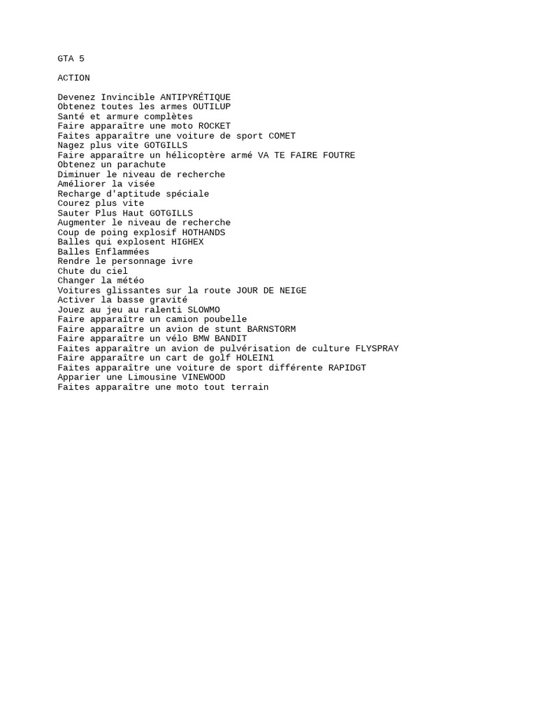 Astuces et Codes GTA 5 | PDF