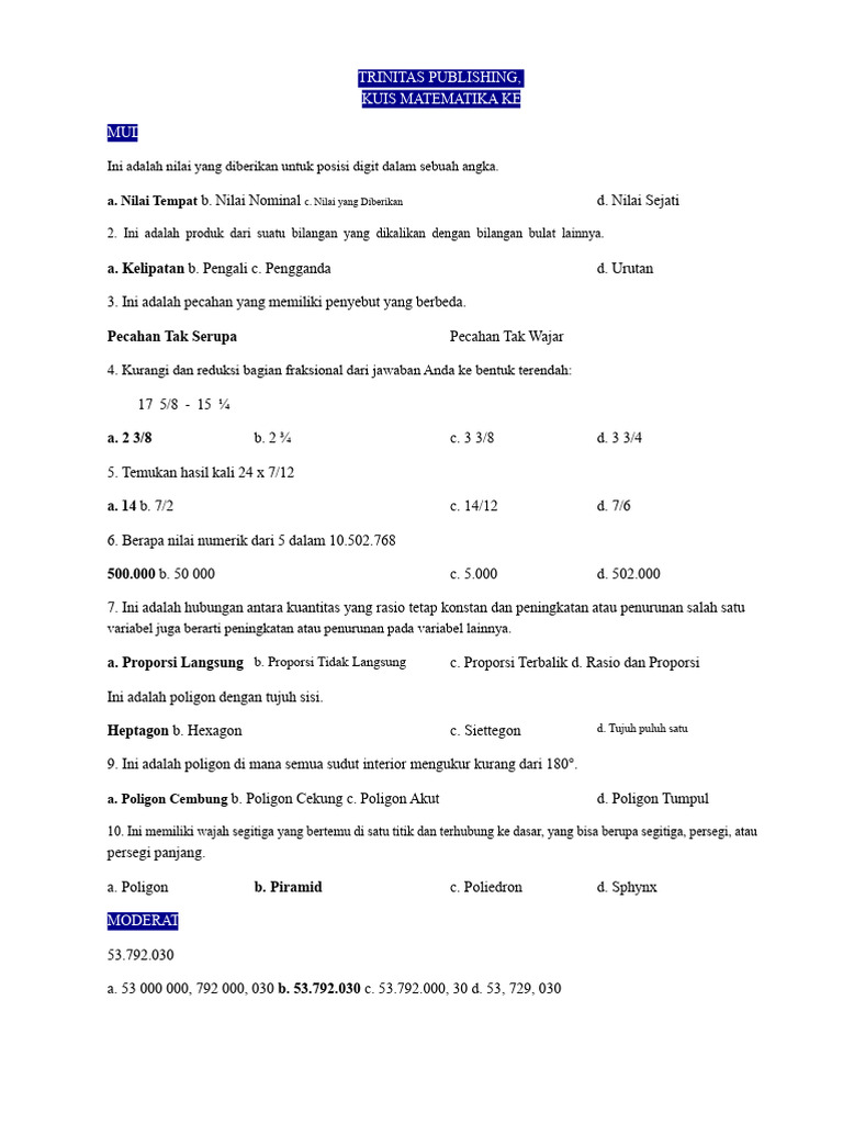 Kuis Matematika Kelas 5: Soal dan Jawaban | PDF