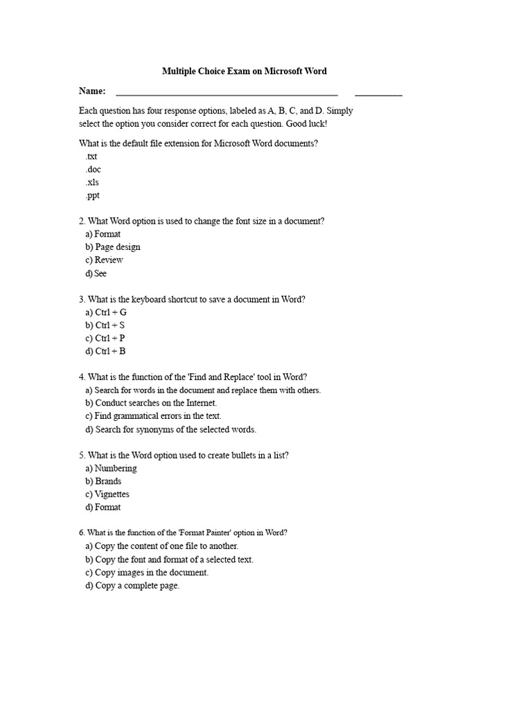 Microsoft Word Multiple Choice Quiz | PDF | Microsoft Word | Document