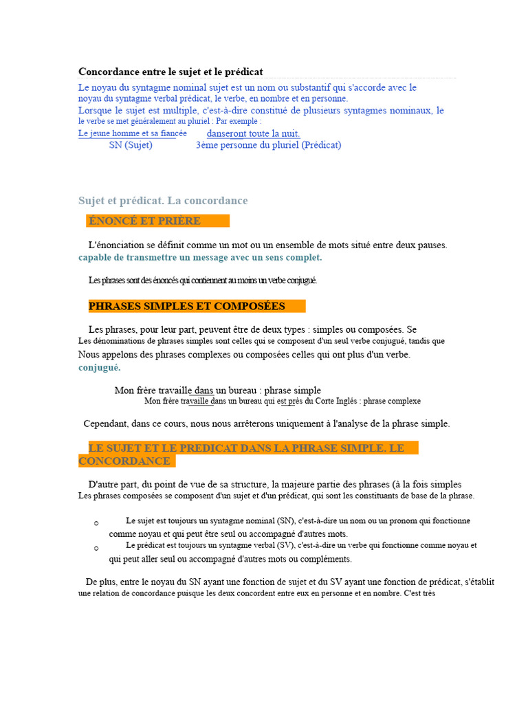 Concordance Sujet et Prédicat | PDF | Prédicat (Grammaire) | Phrase