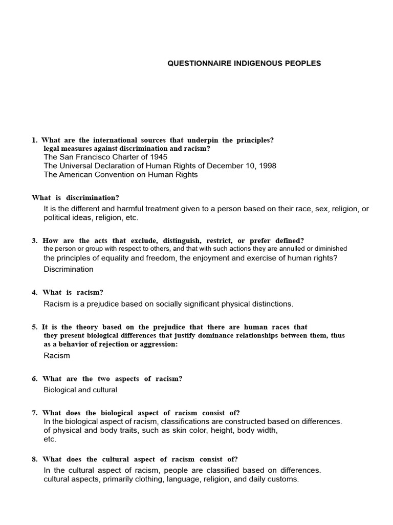 Questionnaire on Indigenous Peoples' Rights | PDF | Discrimination ...