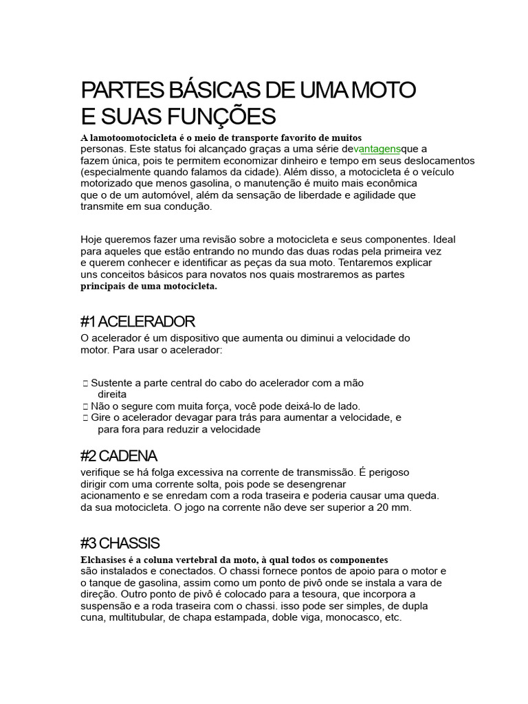 Partes Básicas de Uma Moto e Suas Funções | PDF | Motores | Pistão