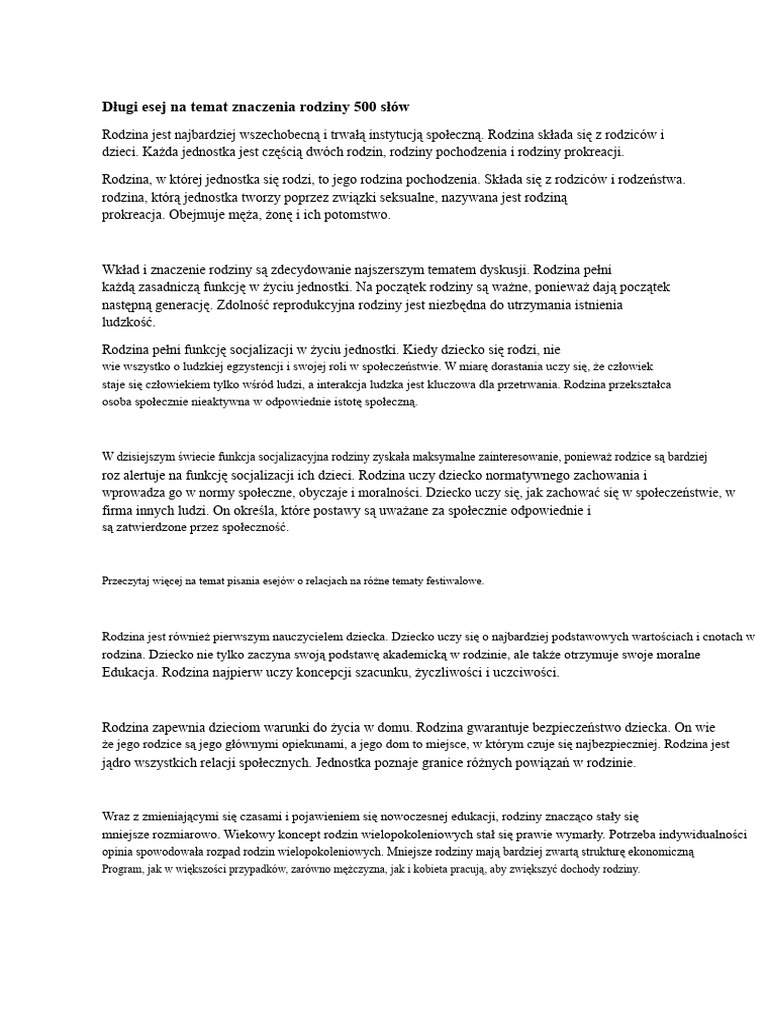 Długi Esej Na Temat Znaczenia Rodziny 500 Słów | PDF