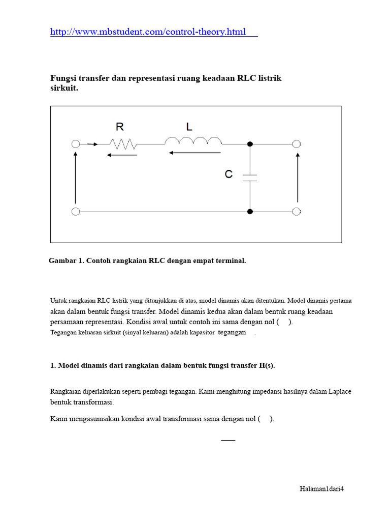 Representasi Ruang Status Fungsi Transfer Contoh Rangkaian RLC 1 | PDF