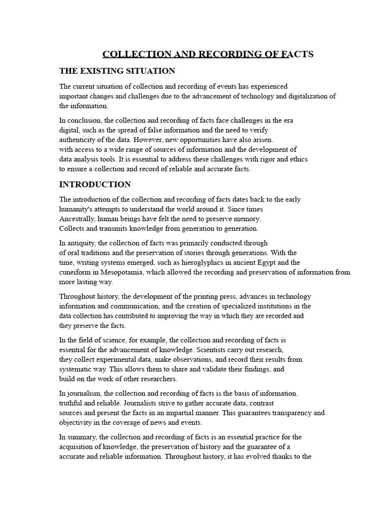 Collection and Recording of Facts - Method Topic 8 | PDF