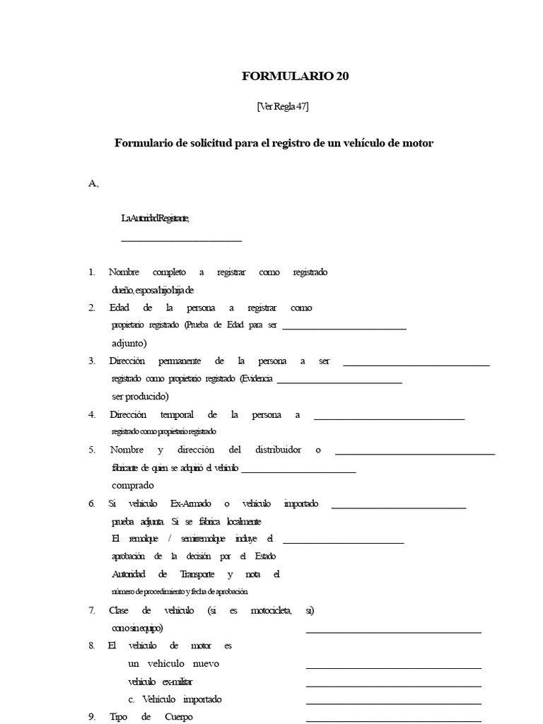 Formulario 20 para Registro de Vehículo | PDF | Eje | Tecnología de ...