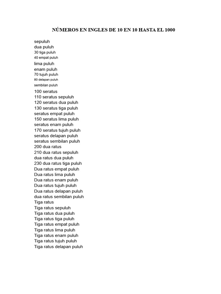 Angka dalam Bahasa Inggris 10-1000 | PDF