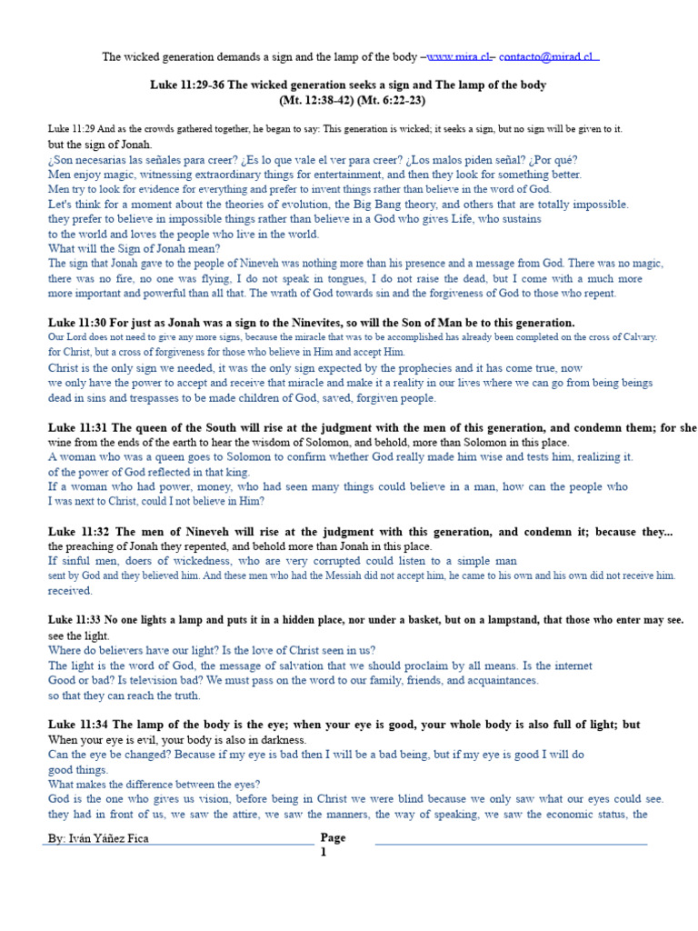 Luke 11:29-36 The Wicked Generation Demands A Sign and The Lamp of The ...