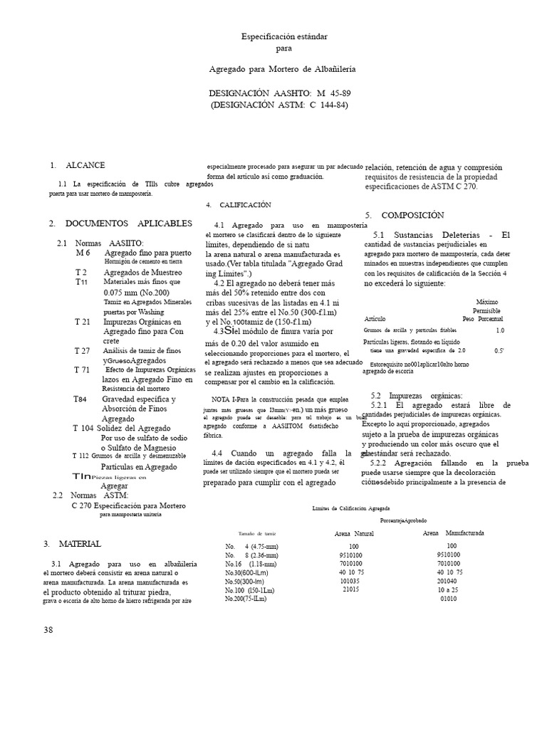 AASHTO M-45-89 | PDF | Mortero (Albañilería) | Albañilería