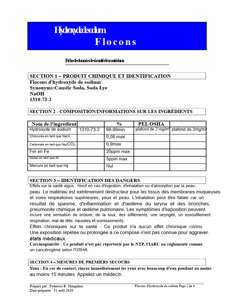 Flocons de Soude Caustique FDS | PDF | Hydroxyde de sodium | Substances ...