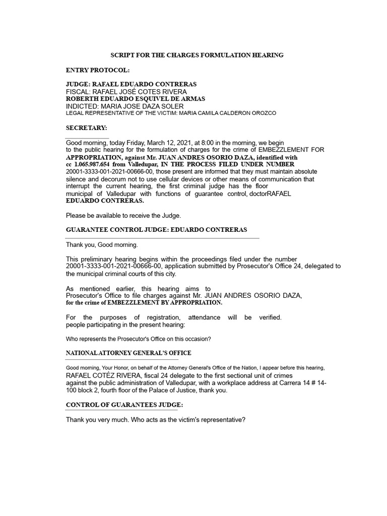 Charges Formulation Hearing Script | PDF | Prosecutor | Judge