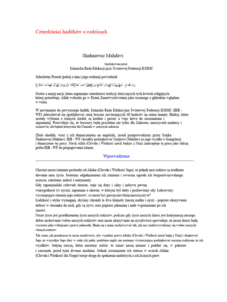 40 Hadis o Rodzicach | PDF