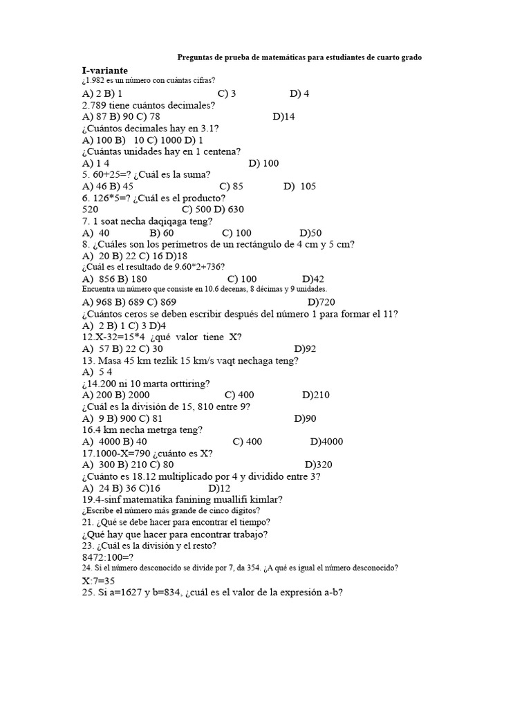 Preguntas de Prueba de Matemáticas para Estudiantes de Cuarto Grado ...