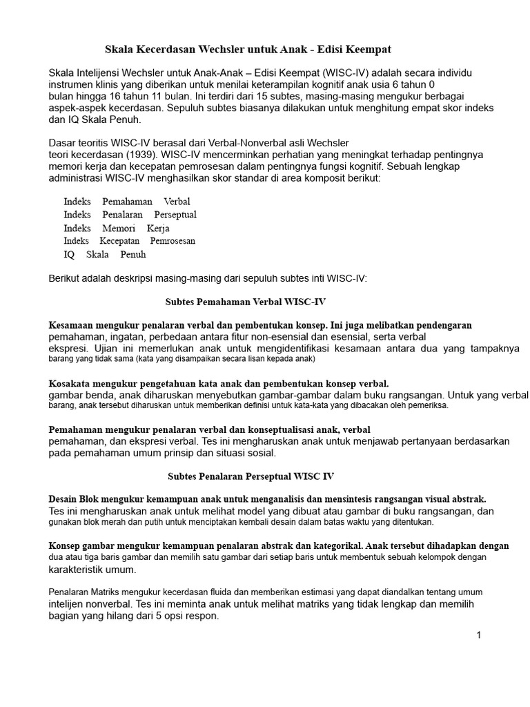 Skala Kecerdasan Wechsler Anak WISC-IV | PDF