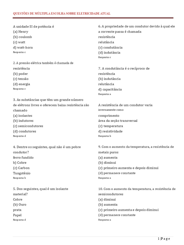 Eletricidade Atual Mcqs | PDF | Resistência elétrica e condutividade | Resistor