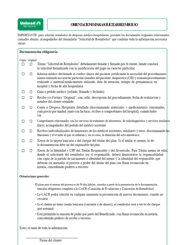 Carta Modelo - Formulario de Orientación de Reembolso | PDF | Hospital | Medicina