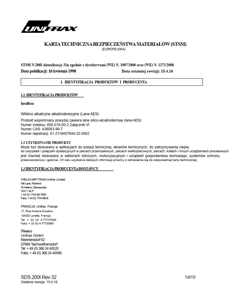 Karta Bezpieczeństwa Włókna Ceramicznego INSULFRAX | PDF
