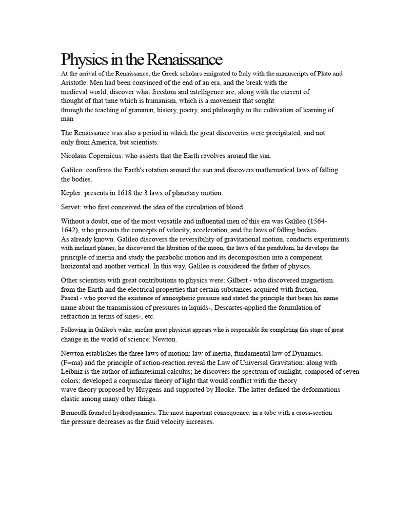 Physics in The Renaissance | PDF | Newton's Laws Of Motion | Heliocentrism