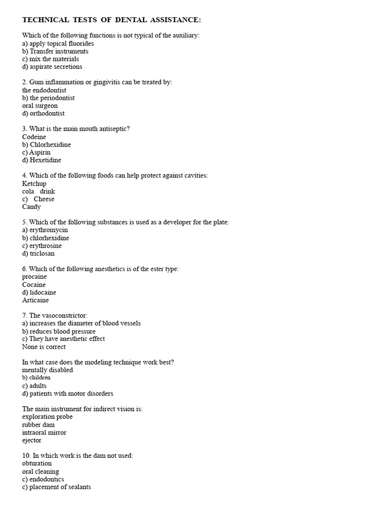 Dental Assistance Technical Test Questions | PDF | Periodontology ...