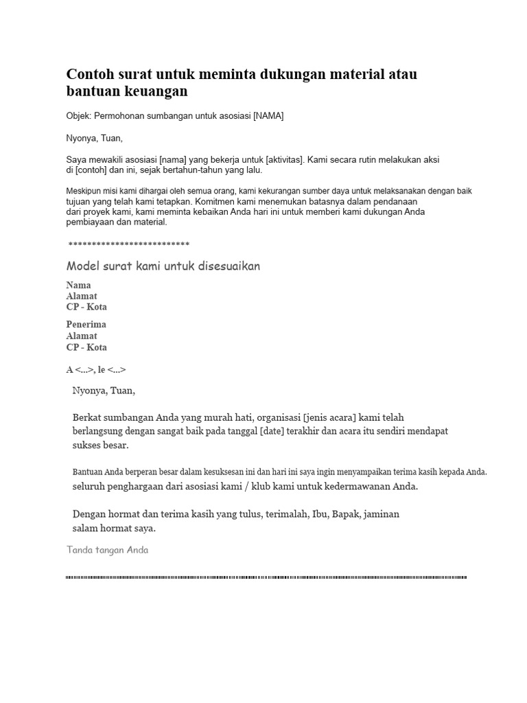 Contoh surat untuk meminta dukungan bahan atau bantuan keuangan | PDF