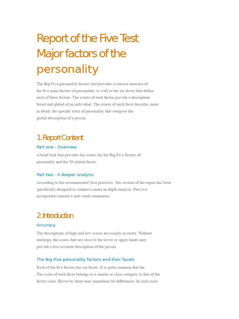Big Five Personality Factors Report | PDF | Anxiety | Extraversion And ...