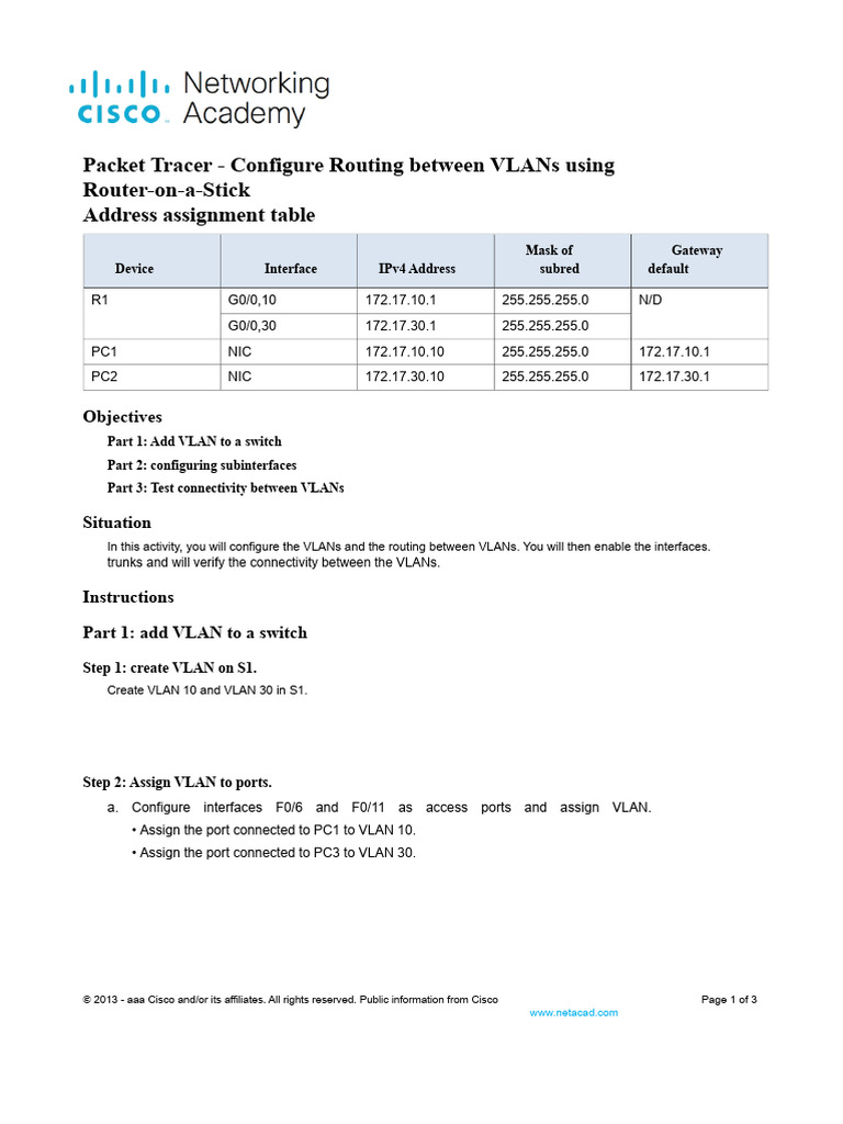 4.2.8 Lab - Configure Router On A Stick Inter Vlan Routing | PDF | Router (Computing) | Routing