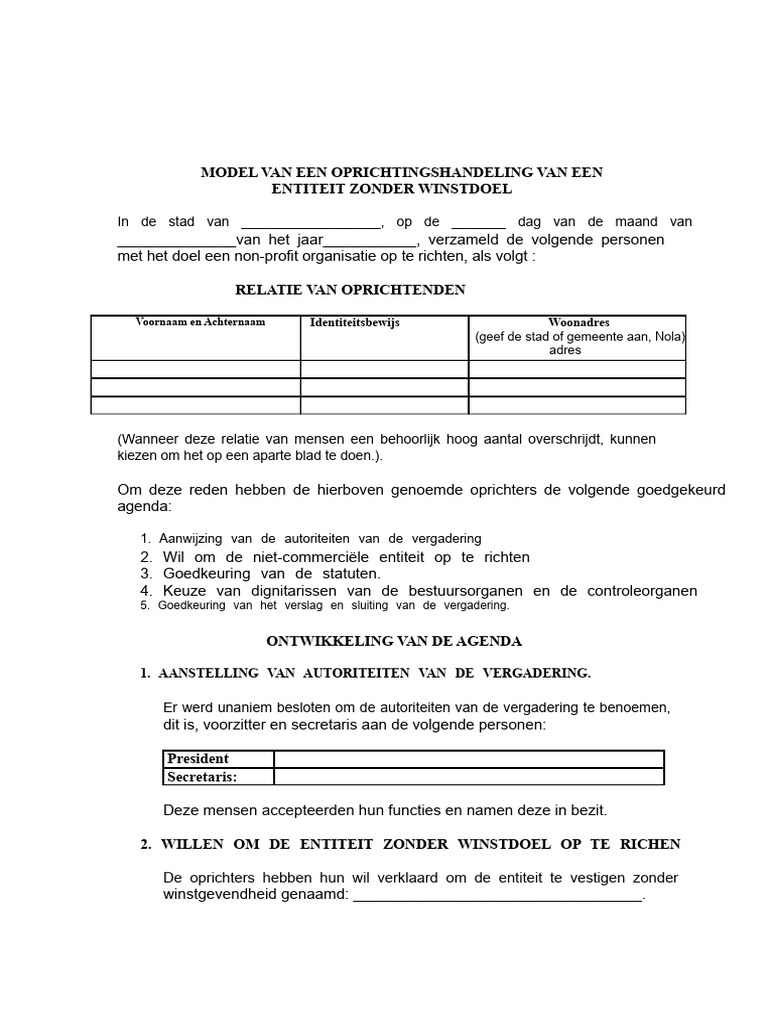 Model Van Een Akte Van Oprichting Van Een Non-Profitorganisatie | PDF
