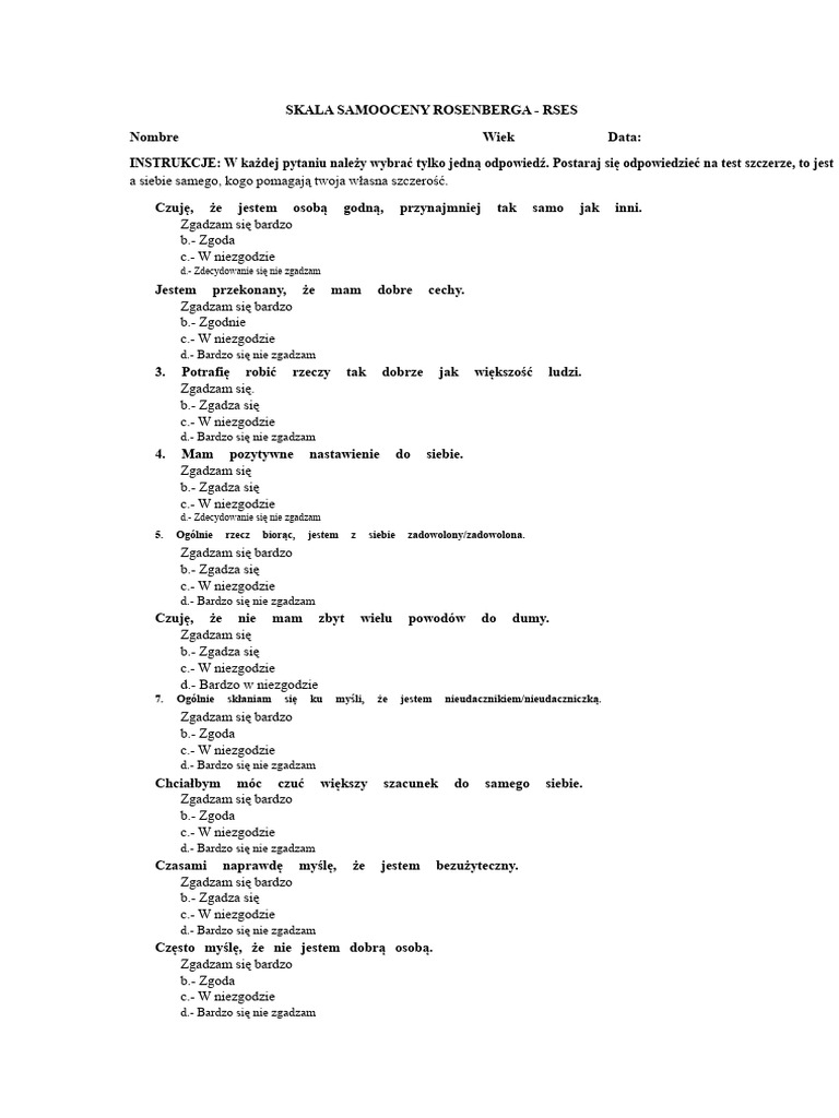 Skala Samooceny Rosenberga | PDF