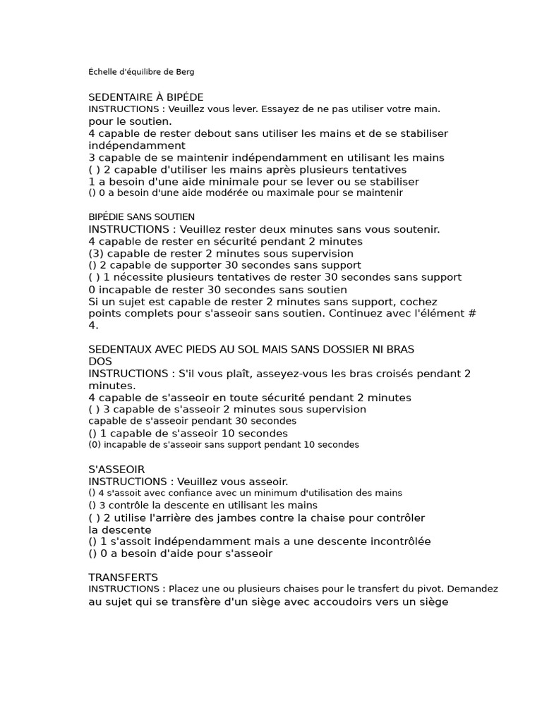 Évaluation de l'équilibre de Berg | PDF