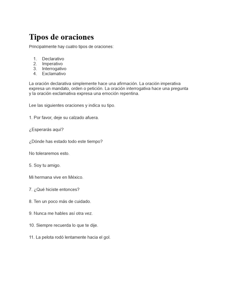 Tipos de oraciones: Declarativas, Imperativas, Interrogativas y ...