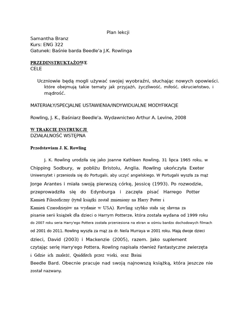 Plan Lekcji JK Rowling | PDF