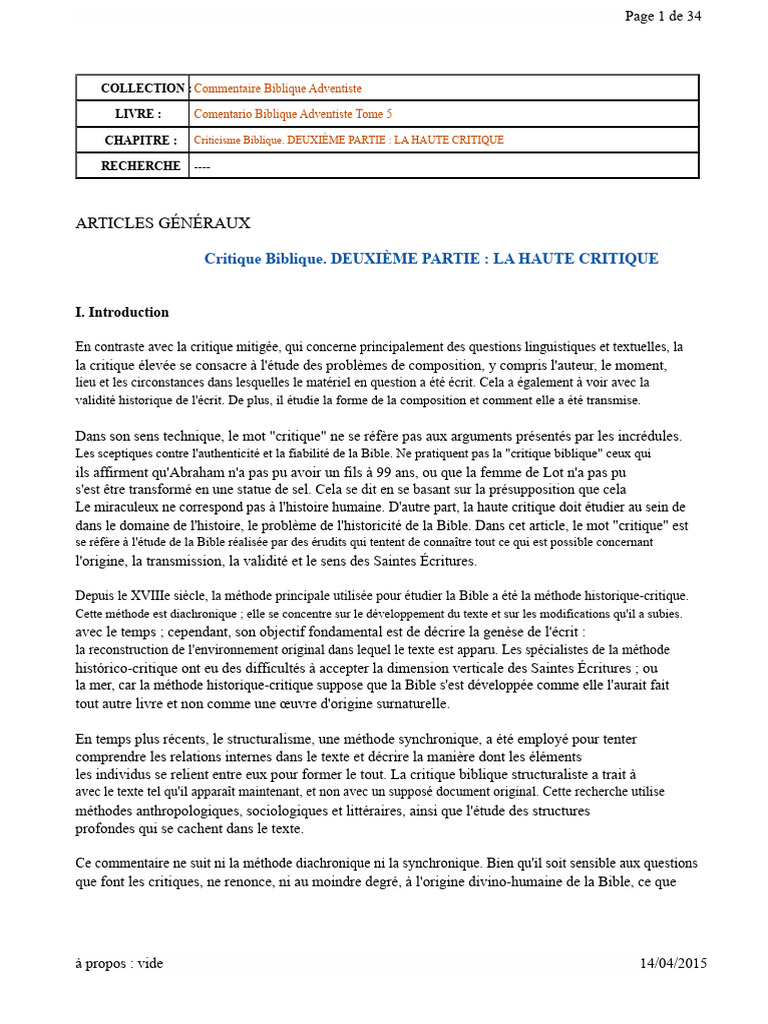 Haute Critique Biblique : Méthodes et Histoire | PDF | Mythe du Déluge ...