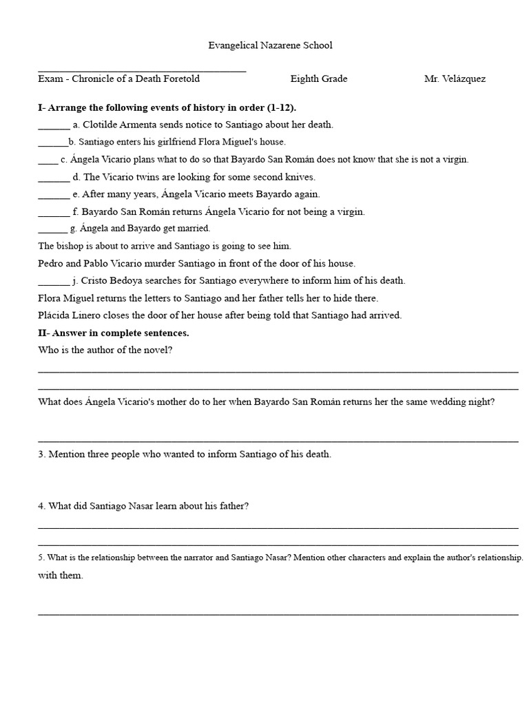 Eighth Grade Exam: Chronicle of a Death Foretold | PDF | Novels
