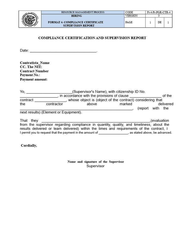 Format 4 Compliance Certificate and Supervision Report Ft-4-Pr-PGR-CTR ...