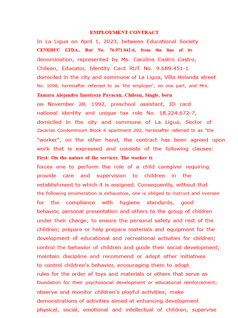 Employment Contract For Education Assistants Indefinite Ceneduc | PDF ...