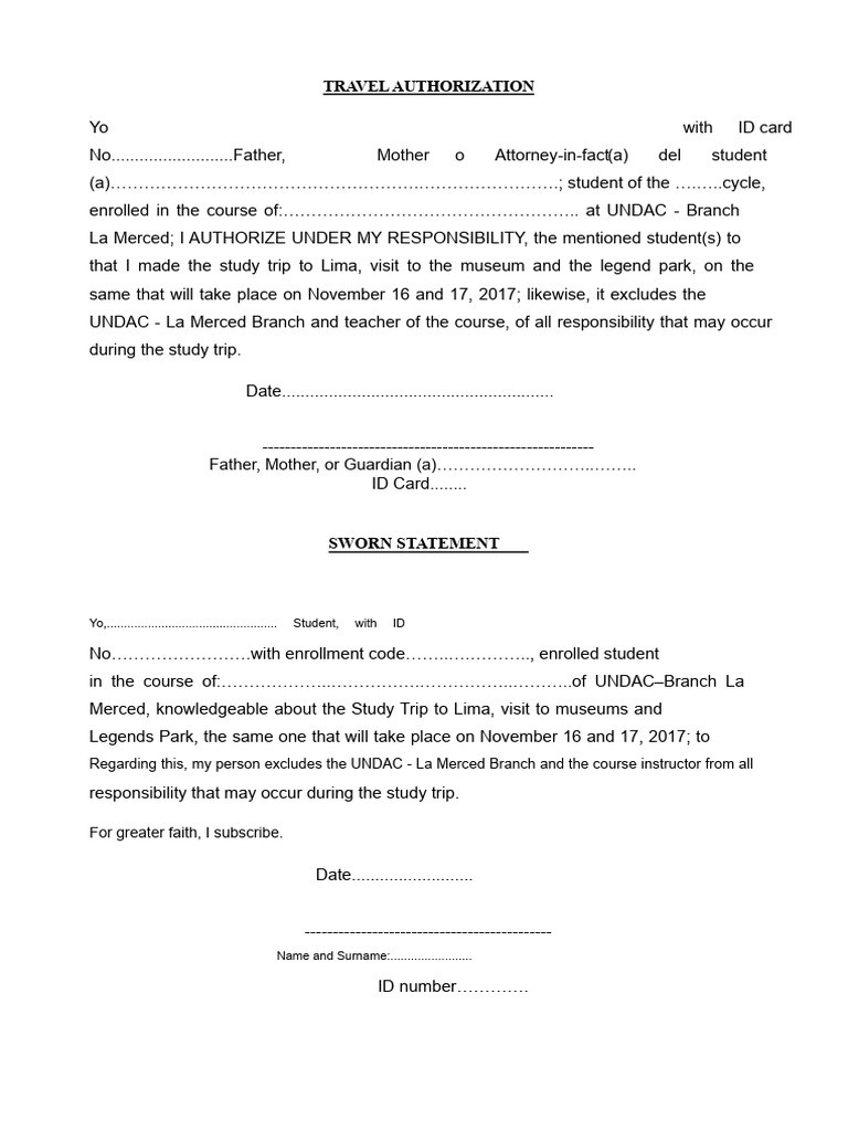 Authorization - Sworn Declaration of Travel | PDF