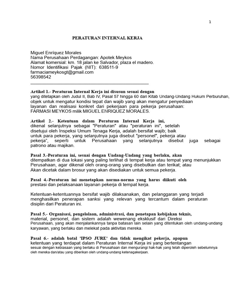 Peraturan Internal Kerja | PDF
