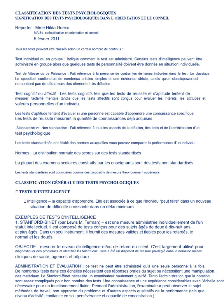Classification des Tests Psychologiques | PDF | Test psychologique ...