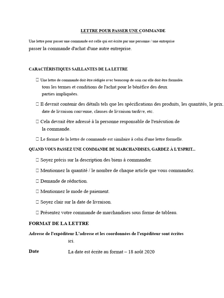 LETTRE POUR PASSER UNE COMMANDE | PDF