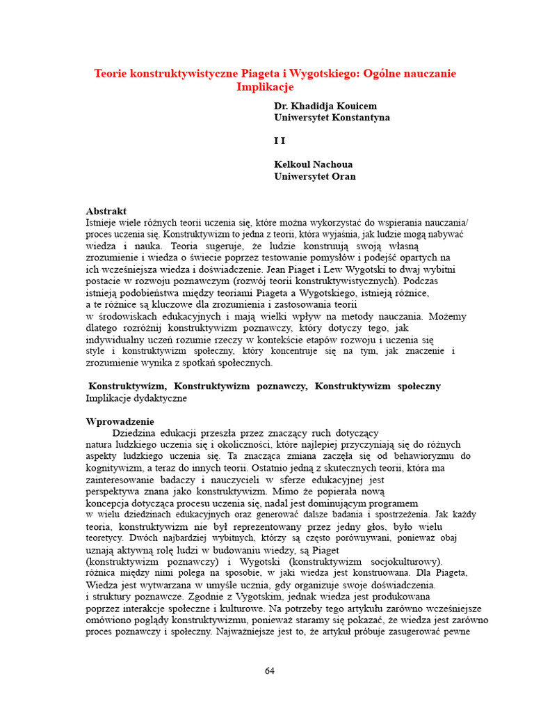 Teorie Konstruktywistyczne Piageta I Wygotskiego | PDF