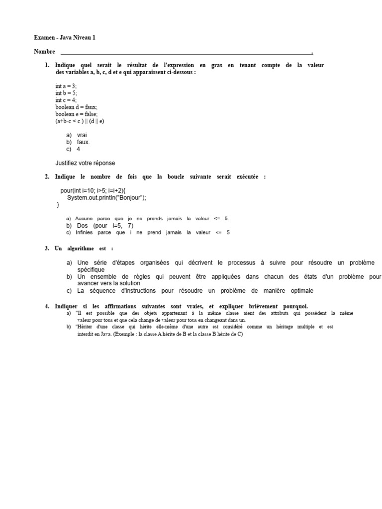 Examen Java Niveau 1: Questions et Réponses | PDF | Java (Langage de ...