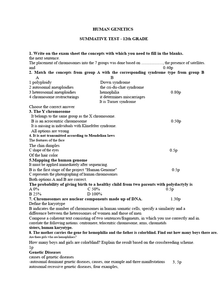 Biology Class-Xii Summative Test Human Genetics | PDF | Genetic ...