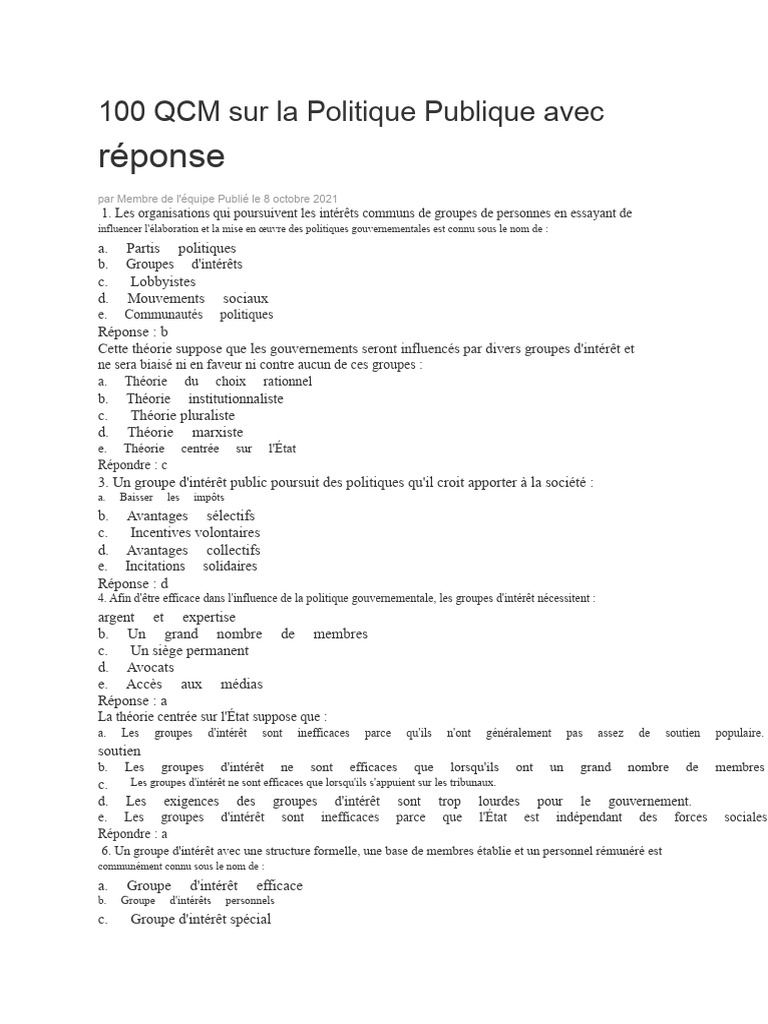 100 QCM Sur La Politique Publique Avec Réponses | PDF | Groupe de défense d'intérêts | Impôts