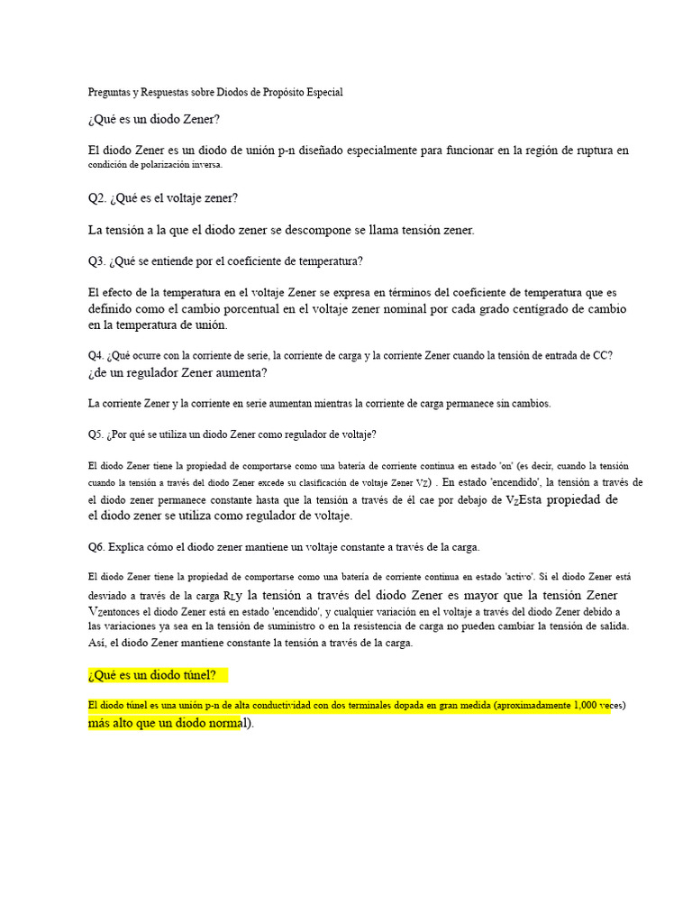 Preguntas y Respuestas sobre Diodos de Propósito Especial | PDF | Diodo ...